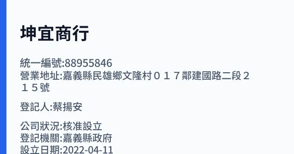 坤宜商行的照片-統編 88955846(嘉義縣) 公司登記資料與營業項目詳細圖表