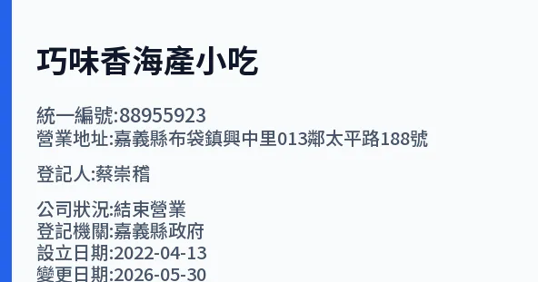 巧味香海產小吃的照片-統編 88955923(嘉義縣) 公司登記資料與營業項目詳細圖表
