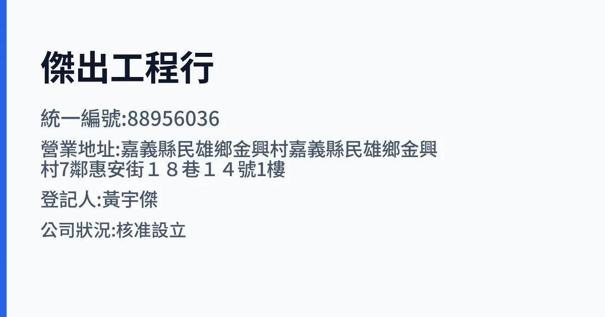 傑出工程行 - 統編 88956036(嘉義縣) 公司登記資料與營業項目詳細圖表