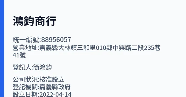 鴻鈞商行的照片-統編 88956057(嘉義縣) 公司登記資料與營業項目詳細圖表