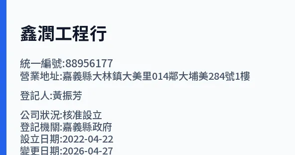鑫潤工程行的照片-統編 88956177(嘉義縣) 公司登記資料與營業項目詳細圖表