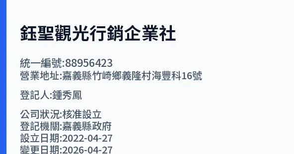 鈺聖觀光行銷企業社的照片-統編 88956423(嘉義縣) 公司登記資料與營業項目詳細圖表