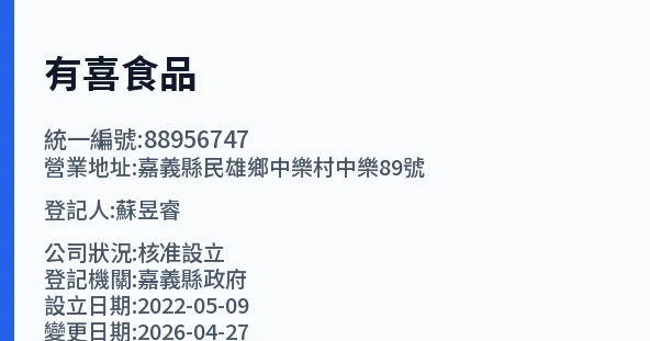 有喜食品的照片-統編 88956747(嘉義縣) 公司登記資料與營業項目詳細圖表