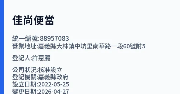 佳尚便當的照片-統編 88957083(嘉義縣) 公司登記資料與營業項目詳細圖表