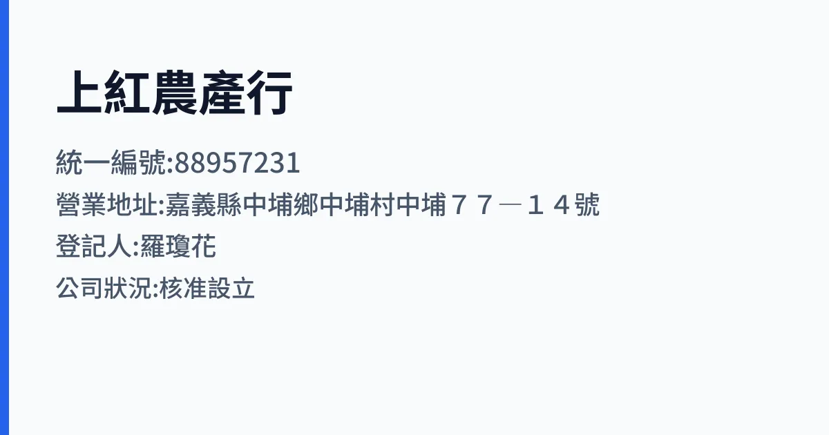 上紅農產行 - 統編 88957231(嘉義縣) 公司登記資料與營業項目詳細圖表