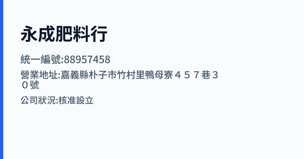 永成肥料行 - 統編 88957458(嘉義縣) 公司登記資料與營業項目詳細圖表