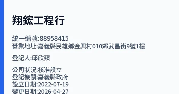 翔鋐工程行的照片-統編 88958415(嘉義縣) 公司登記資料與營業項目詳細圖表