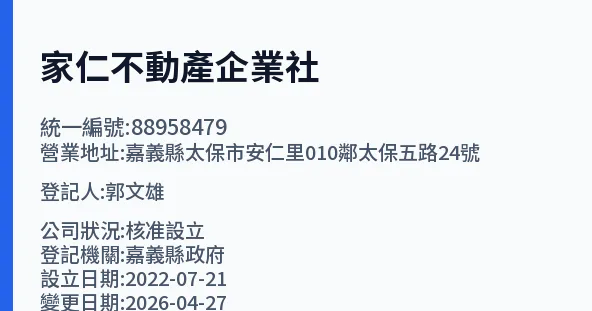 家仁不動產企業社的照片-統編 88958479(嘉義縣) 公司登記資料與營業項目詳細圖表