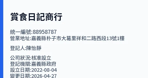 賞食日記商行的照片-統編 88958787(嘉義縣) 公司登記資料與營業項目詳細圖表