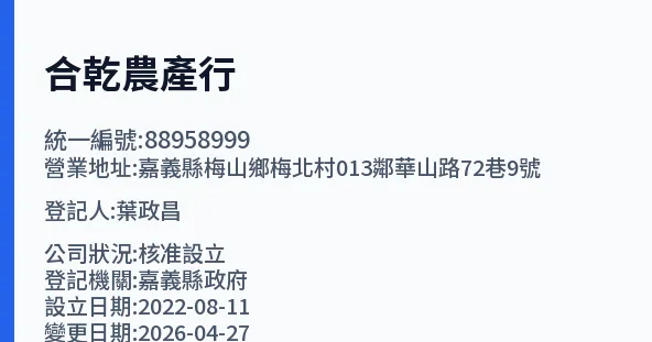 合乾農產行的照片-統編 88958999(嘉義縣) 公司登記資料與營業項目詳細圖表