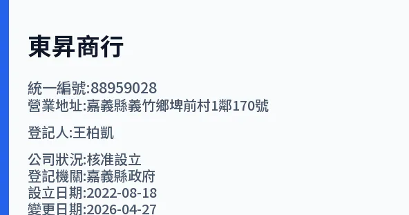 東昇商行的照片-統編 88959028(嘉義縣) 公司登記資料與營業項目詳細圖表