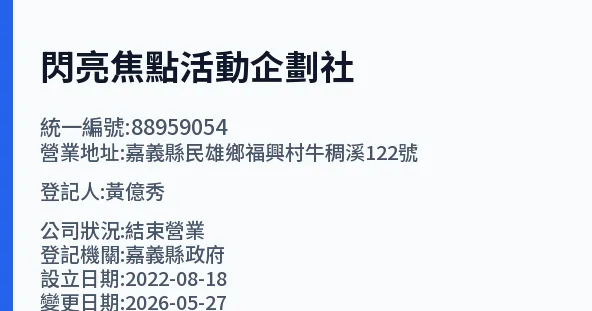 閃亮焦點活動企劃社的照片-統編 88959054(嘉義縣) 公司登記資料與營業項目詳細圖表