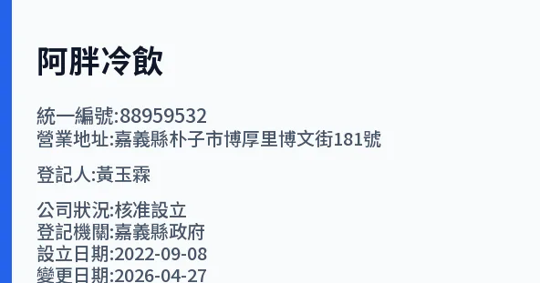 阿胖冷飲的照片-統編 88959532(嘉義縣) 公司登記資料與營業項目詳細圖表