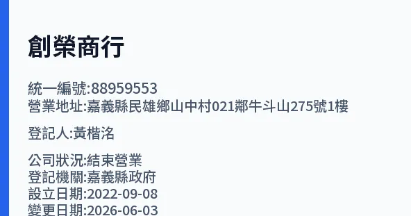 創榮商行的照片-統編 88959553(嘉義縣) 公司登記資料與營業項目詳細圖表