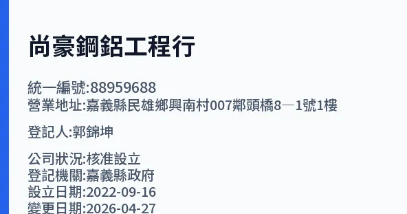 尚豪鋼鋁工程行的照片-統編 88959688(嘉義縣) 公司登記資料與營業項目詳細圖表