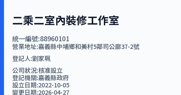 二乘二室內裝修工作室的照片-統編 88960101(嘉義縣) 公司登記資料與營業項目詳細圖表