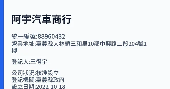 阿宇汽車商行的照片-統編 88960432(嘉義縣) 公司登記資料與營業項目詳細圖表