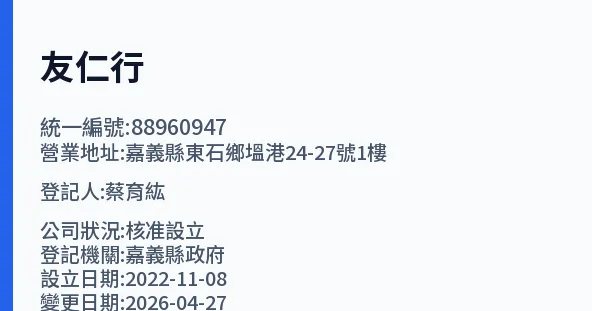 友仁行的照片-統編 88960947(嘉義縣) 公司登記資料與營業項目詳細圖表