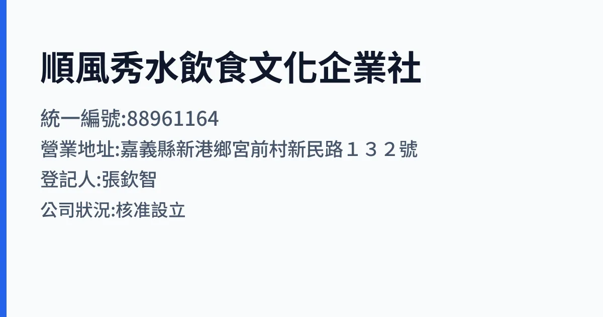 順風秀水飲食文化企業社 - 統編 88961164（嘉義縣） 公司登記資料與營業項目詳細圖表