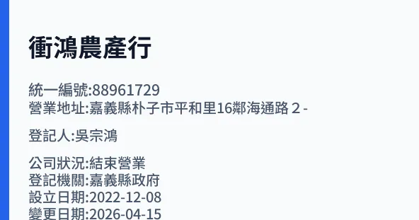 衝鴻農產行的照片-統編 88961729(嘉義縣) 公司登記資料與營業項目詳細圖表