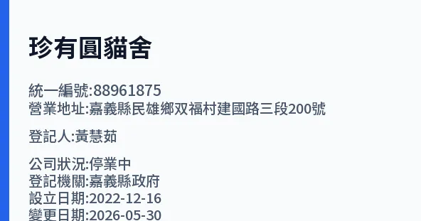珍有圓貓舍的照片-統編 88961875(嘉義縣) 公司登記資料與營業項目詳細圖表
