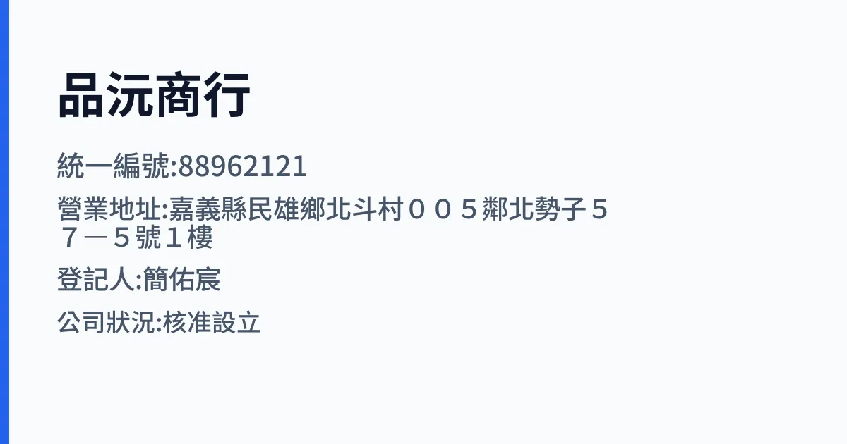 品沅商行 - 統編 88962121(嘉義縣) 公司登記資料與營業項目詳細圖表