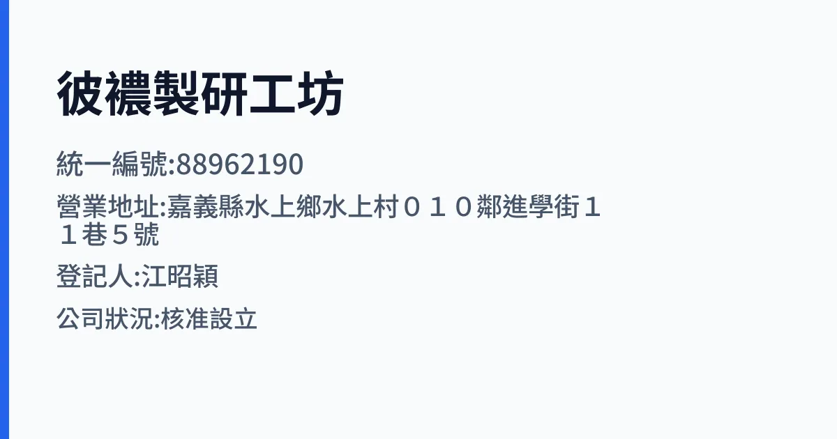 彼襛製研工坊 - 統編 88962190(嘉義縣) 公司登記資料與營業項目詳細圖表