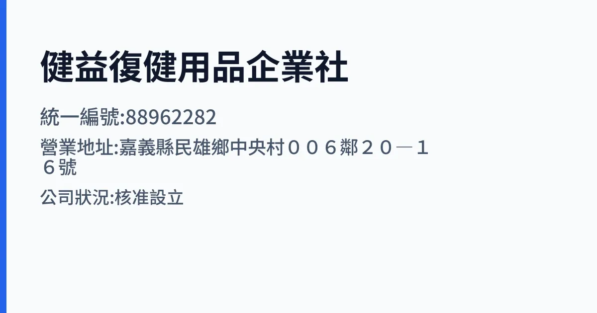 健益復健用品企業社 - 統編 88962282(嘉義縣) 公司登記資料與營業項目詳細圖表