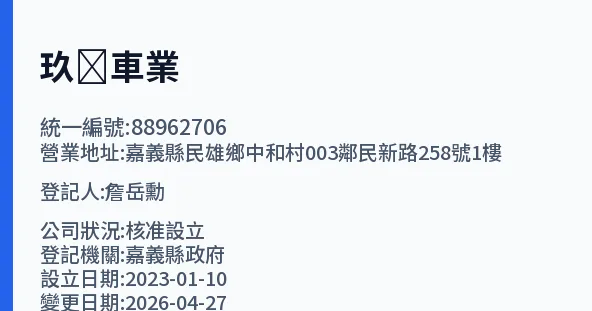 玖玐車業的照片-統編 88962706(嘉義縣) 公司登記資料與營業項目詳細圖表