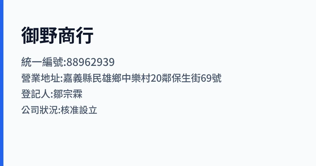 御野商行 - 統編 88962939(嘉義縣) 公司登記資料與營業項目詳細圖表