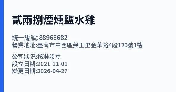 貳兩捌煙燻鹽水雞的照片-統編 88963682(臺南市) 公司登記資料與營業項目詳細圖表