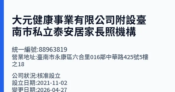 大元健康事業有限公司附設臺南巿私立泰安居家長照機構的照片-統編 88963819(臺南市) 公司登記資料與營業項目詳細圖表