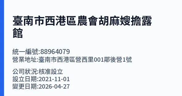 臺南市西港區農會胡麻嫂擔露館的照片-統編 88964079(臺南市) 公司登記資料與營業項目詳細圖表