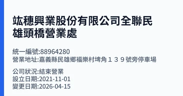 竑穗興業股份有限公司全聯民雄頭橋營業處的照片-統編 88964280(嘉義縣) 公司登記資料與營業項目詳細圖表