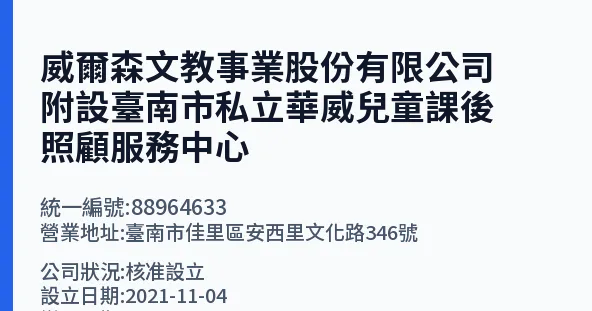 威爾森文教事業股份有限公司附設臺南市私立華威兒童課後照顧服務中心的照片-統編 88964633(臺南市) 公司登記資料與營業項目詳細圖表