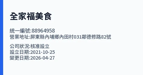 全家福美食的照片-統編 88964958(屏東縣) 公司登記資料與營業項目詳細圖表