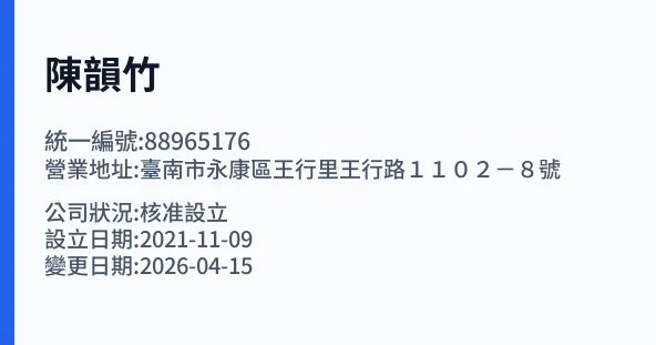 陳韻竹的照片-統編 88965176(臺南市) 公司登記資料與營業項目詳細圖表
