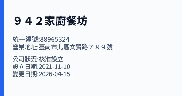 942家廚餐坊的照片-統編 88965324(臺南市) 公司登記資料與營業項目詳細圖表