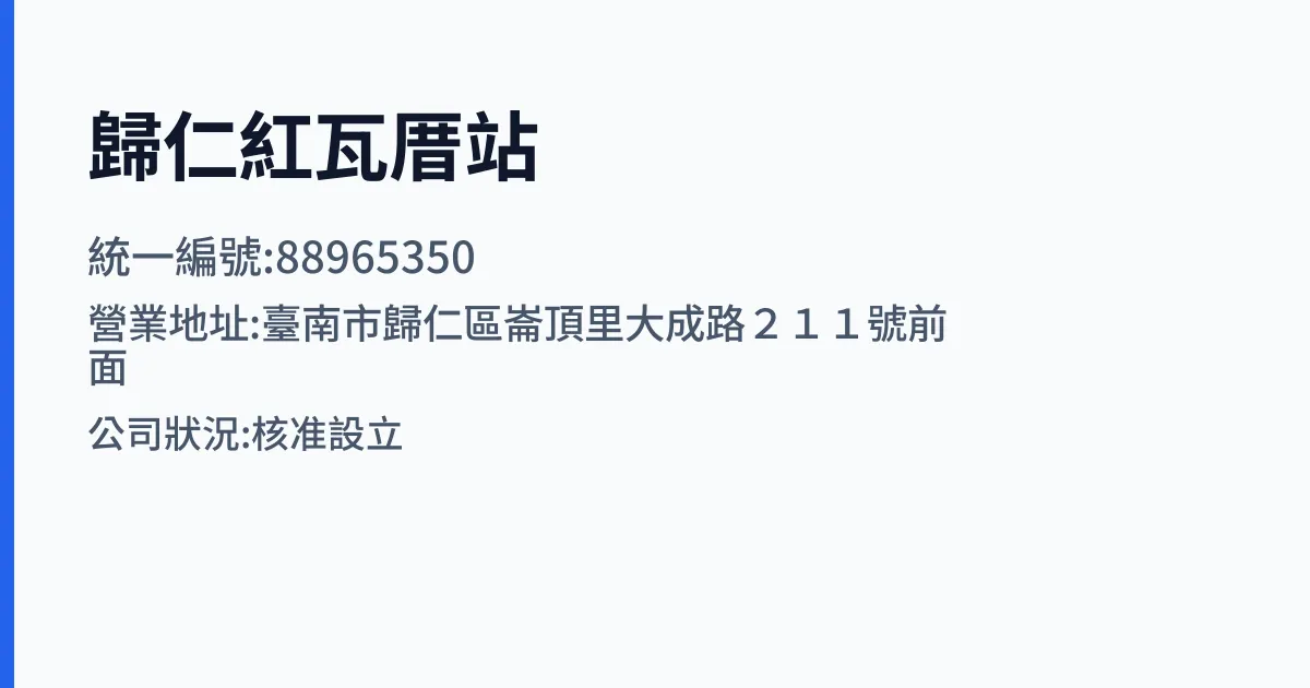 歸仁紅瓦厝站 - 統編 88965350（臺南市） 公司登記資料與營業項目詳細圖表