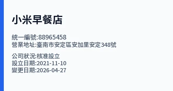 小米早餐店的照片-統編 88965458(臺南市) 公司登記資料與營業項目詳細圖表