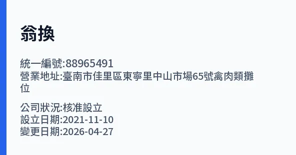 翁換的照片-統編 88965491(臺南市) 公司登記資料與營業項目詳細圖表