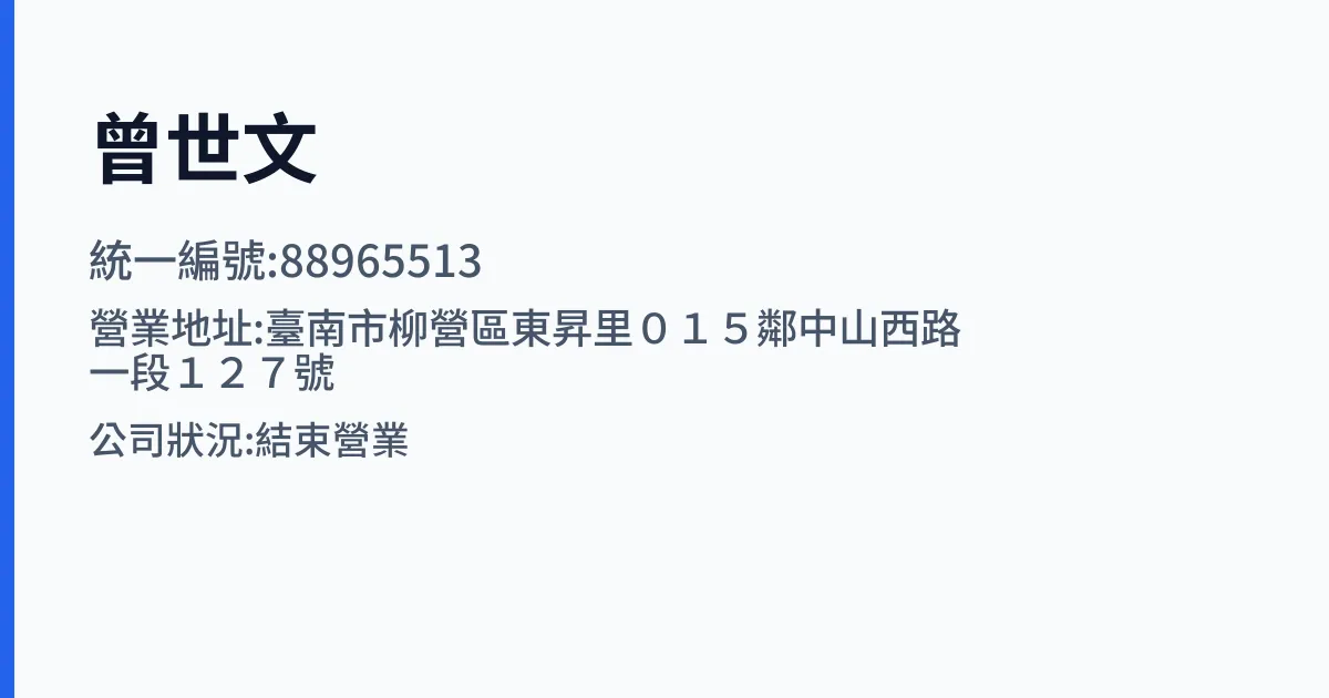 曾世文 - 統編 88965513(臺南市) 公司登記資料與營業項目詳細圖表