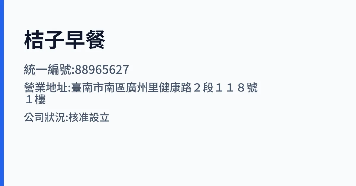 桔子早餐 - 統編 88965627(臺南市) 公司登記資料與營業項目詳細圖表