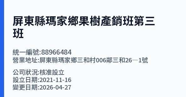 屏東縣瑪家鄉果樹產銷班第三班的照片-統編 88966484(屏東縣) 公司登記資料與營業項目詳細圖表