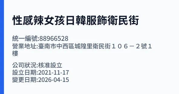 性感辣女孩日韓服飾衛民街的照片-統編 88966528(臺南市) 公司登記資料與營業項目詳細圖表