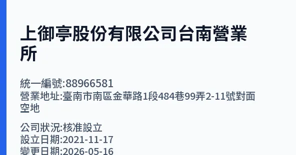 上御亭股份有限公司台南營業所的照片-統編 88966581(臺南市) 公司登記資料與營業項目詳細圖表
