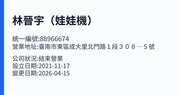 林晉宇（娃娃機）的照片-統編 88966674(臺南市) 公司登記資料與營業項目詳細圖表