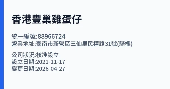 香港豐巢雞蛋仔的照片-統編 88966724(臺南市) 公司登記資料與營業項目詳細圖表