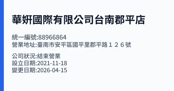 華姸國際有限公司台南郡平店的照片-統編 88966864(臺南市) 公司登記資料與營業項目詳細圖表
