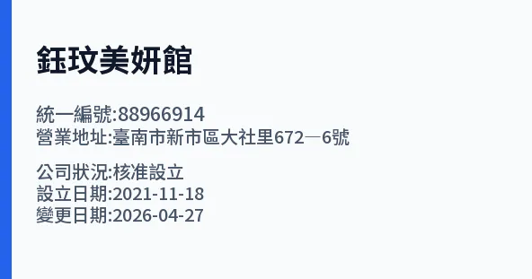 鈺玟美妍館的照片-統編 88966914(臺南市) 公司登記資料與營業項目詳細圖表